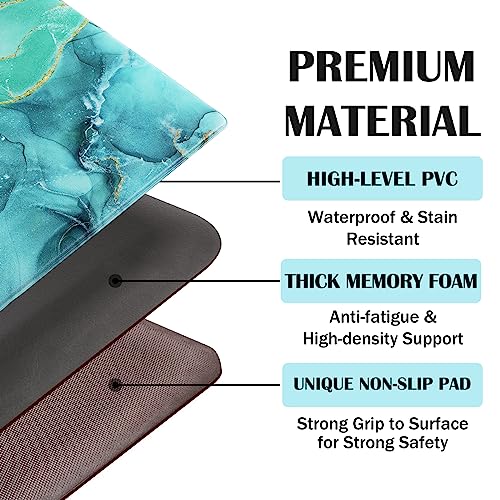 BLEUM CADE 2 PCS Kitchen Rugs and Mats Teal Marble Kitchen Mats for Floor Anti Fatigue PVC Waterproof Leather Runner Rug Non Slip Cushioned Standing Mat for Sink Laundry 17.3''x30''+17.3''x47''