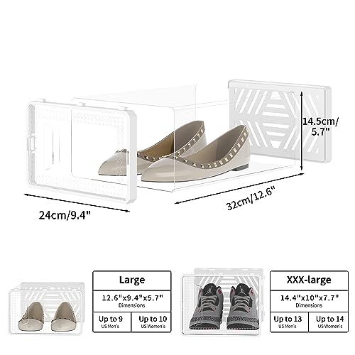 JOISCOPE 12 Pack Shoe Storage Boxes, Fit up to US Size 10, Clear PP Plastic Stackable Shoe Organizer for Closet, Space Saving Foldable Shoe Container Bins, for Entryway, White