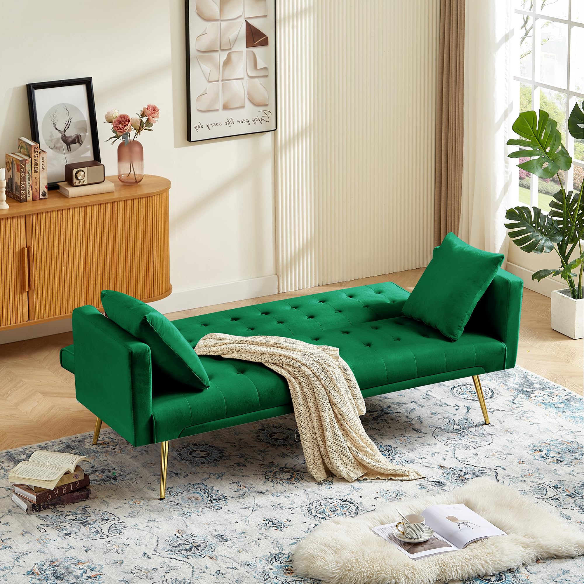 72"Modern Velvet Sofa Bed Futon,Convertible Folding Sleeper Bed Couches with 3 Adjustable Backrests,Tufted Recliner Love Seat with Golden Chrome Legs for Living Room Apartment Home Office (Green)