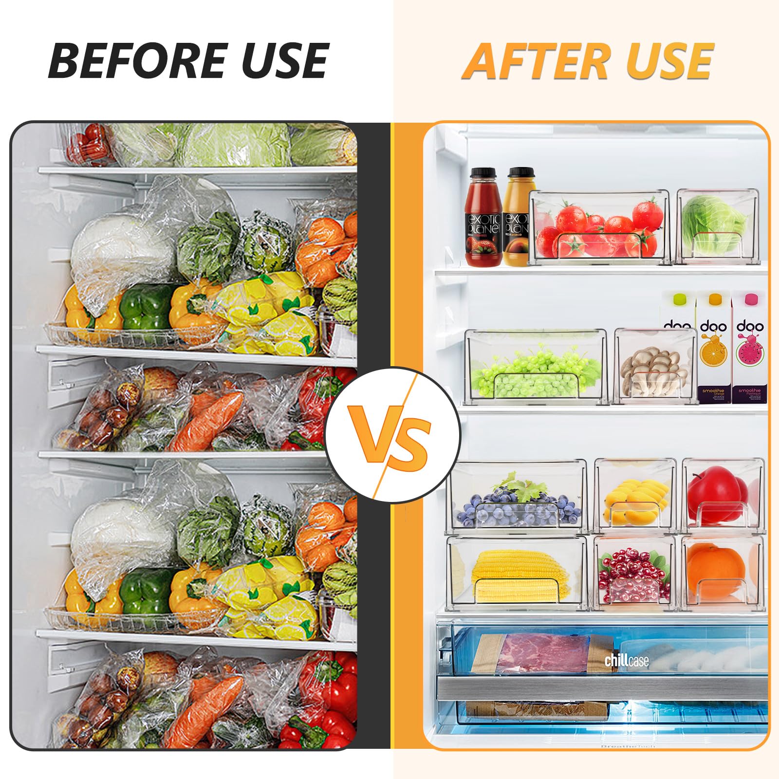 tipatyard Fridge Drawers 4 Pack Clear Pull Out Stackable Food Storage Containers Box Refrigerator Drawer Organizer Bins with Handle