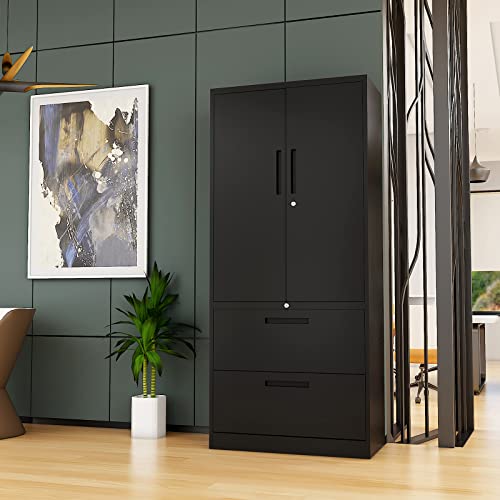 Anxxsu Metal File Cabinet 2 Drawers, Lateral File Cabinets Home Office, Storage Cabinet Adjustable Shelves, Locking File Cabinet Letter/Legal/A4 Size Files (Assemble Required) MSC-0815 Black-style B