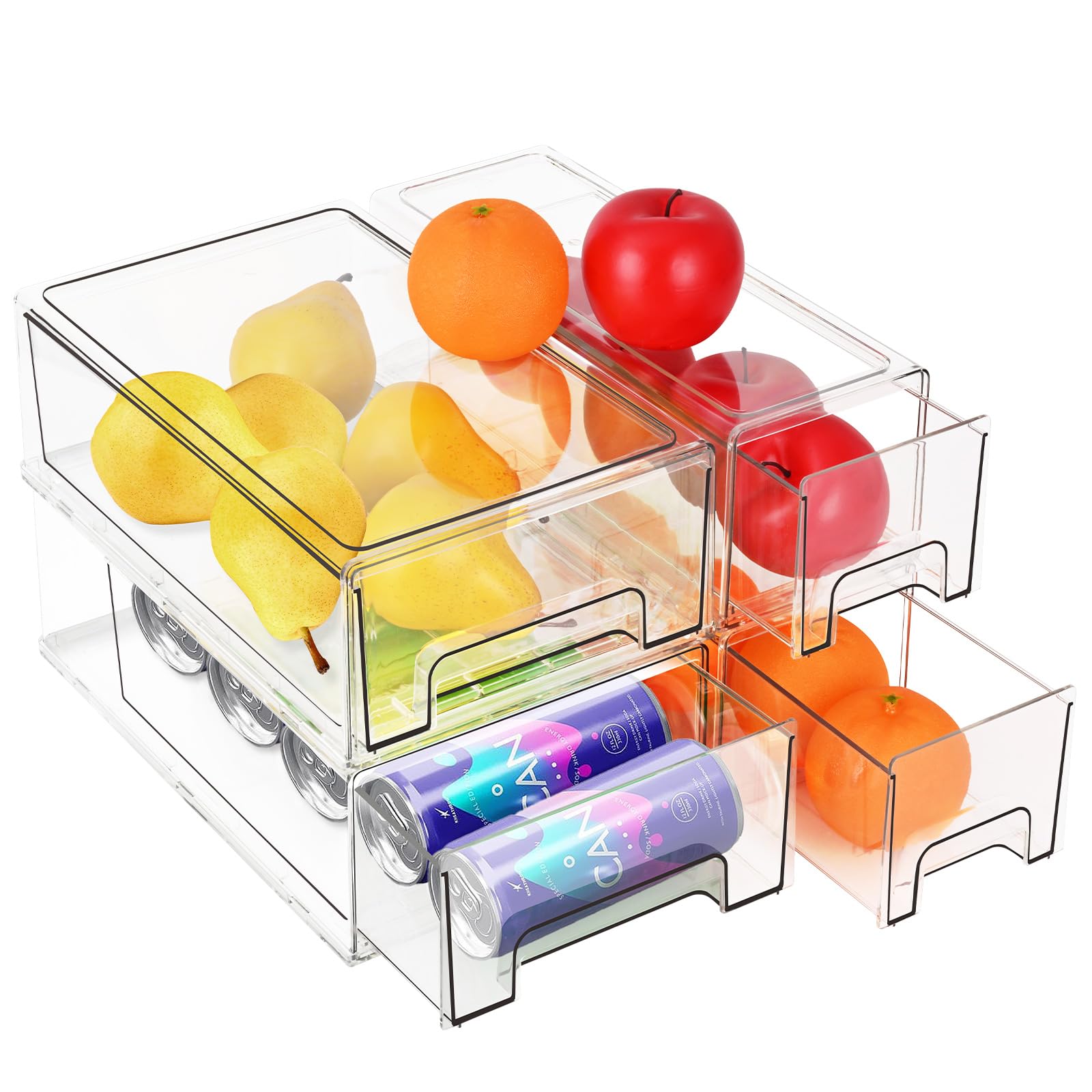 tipatyard Fridge Drawers 4 Pack Clear Pull Out Stackable Food Storage Containers Box Refrigerator Drawer Organizer Bins with Handle