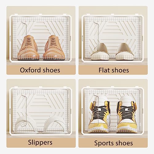 JOISCOPE 12 Pack Shoe Storage Boxes, Fit up to US Size 10, Clear PP Plastic Stackable Shoe Organizer for Closet, Space Saving Foldable Shoe Container Bins, for Entryway, White