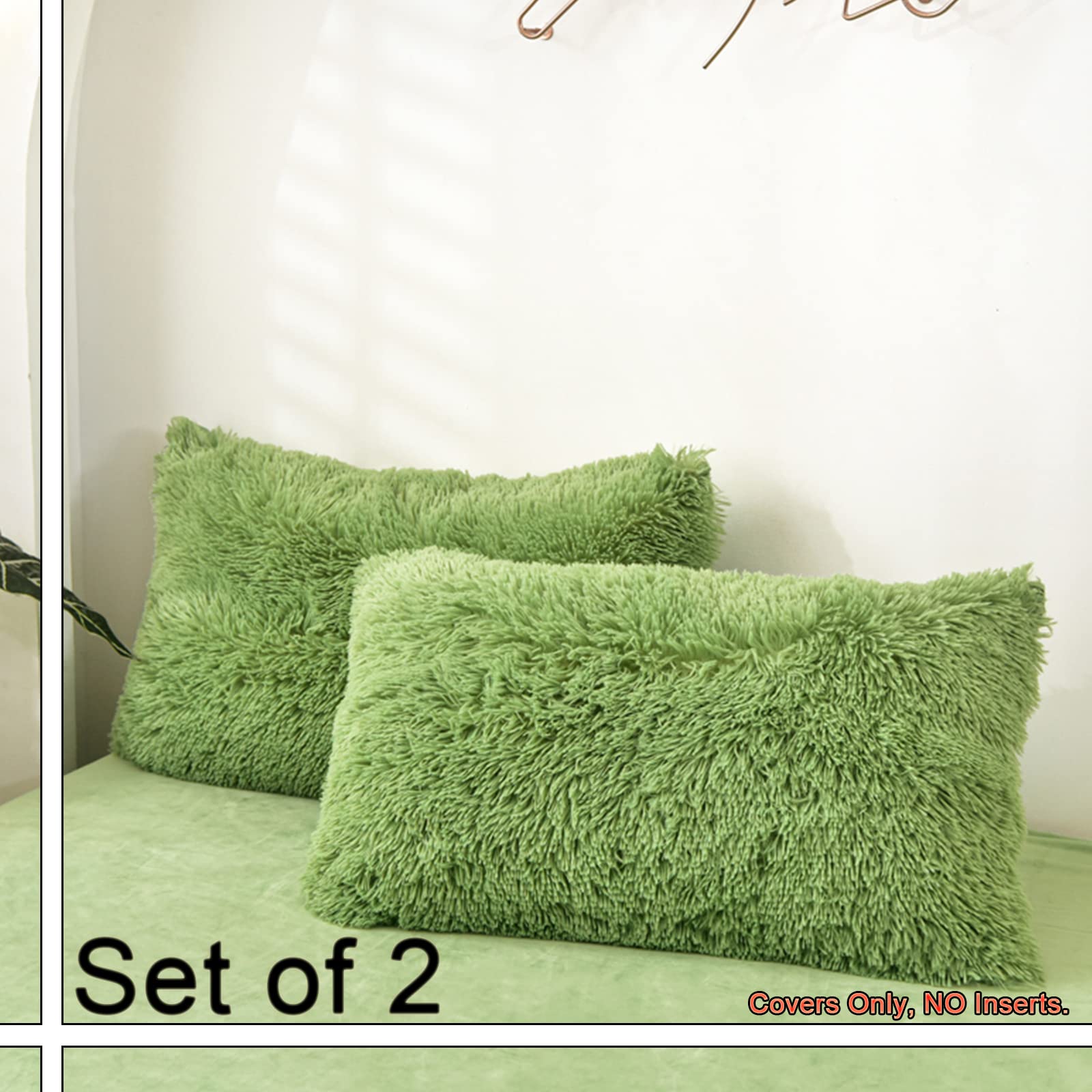 MorroMorn Decorative Pillows Covers, 2 Packs Faux Fur Pillow Cases, Luxury Shaggy Throw Pillowcase Cushion Shams with Zipper Closure Home Decor for Couch Sofa Bed Room (Green, King/Cali King)