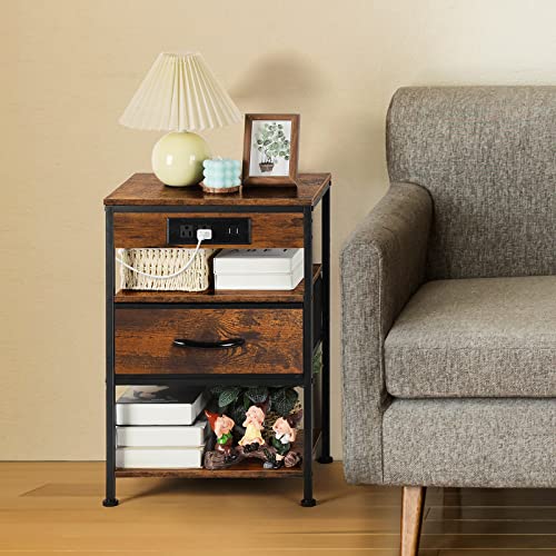 Nightstand with Charging Station Bed Side Table with Fabric Drawer 3-Tier End Table with USB Ports and Outlets Industrial Night Stand for Bedroom Living Room Vintage Brown