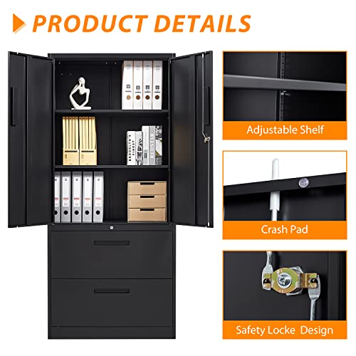 Anxxsu Metal File Cabinet 2 Drawers, Lateral File Cabinets Home Office, Storage Cabinet Adjustable Shelves, Locking File Cabinet Letter/Legal/A4 Size Files (Assemble Required) MSC-0815 Black-style B