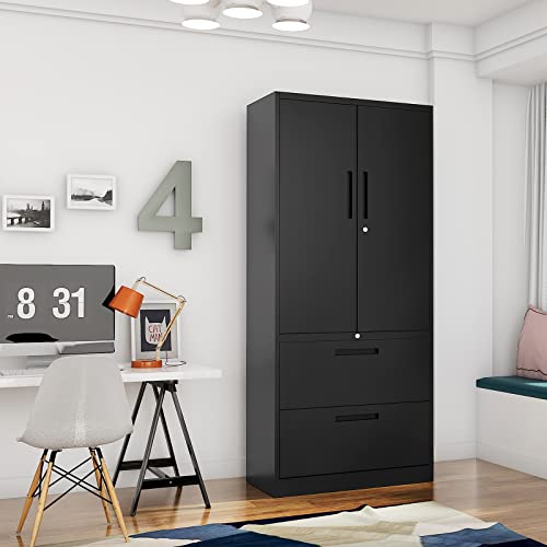 Anxxsu Metal File Cabinet 2 Drawers, Lateral File Cabinets Home Office, Storage Cabinet Adjustable Shelves, Locking File Cabinet Letter/Legal/A4 Size Files (Assemble Required) MSC-0815 Black-style B
