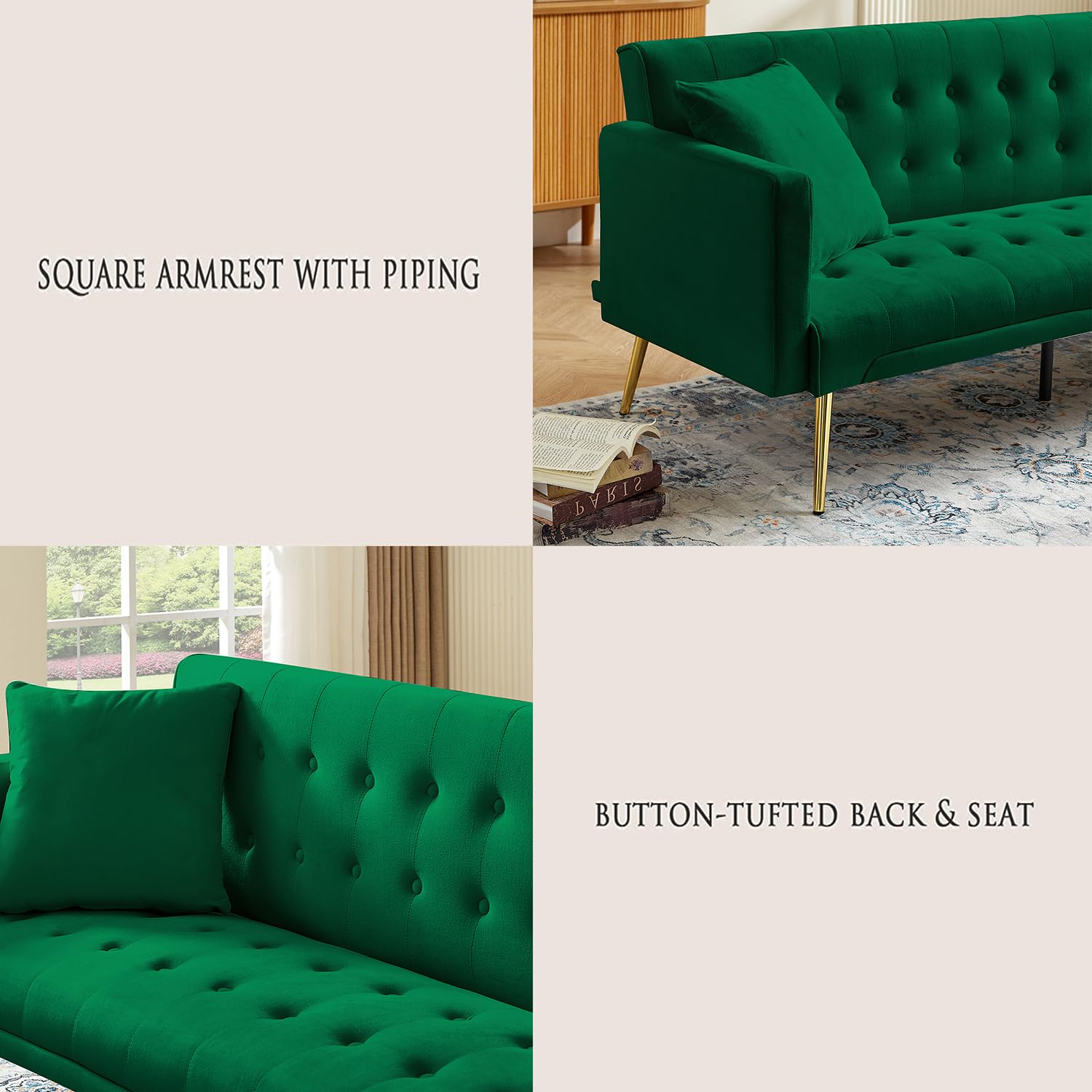 72"Modern Velvet Sofa Bed Futon,Convertible Folding Sleeper Bed Couches with 3 Adjustable Backrests,Tufted Recliner Love Seat with Golden Chrome Legs for Living Room Apartment Home Office (Green)