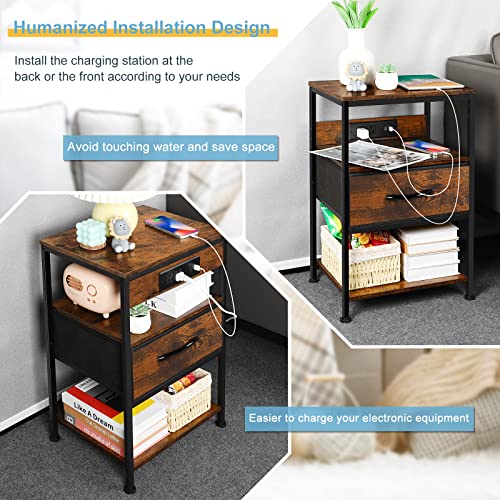 Nightstand with Charging Station Bed Side Table with Fabric Drawer 3-Tier End Table with USB Ports and Outlets Industrial Night Stand for Bedroom Living Room Vintage Brown
