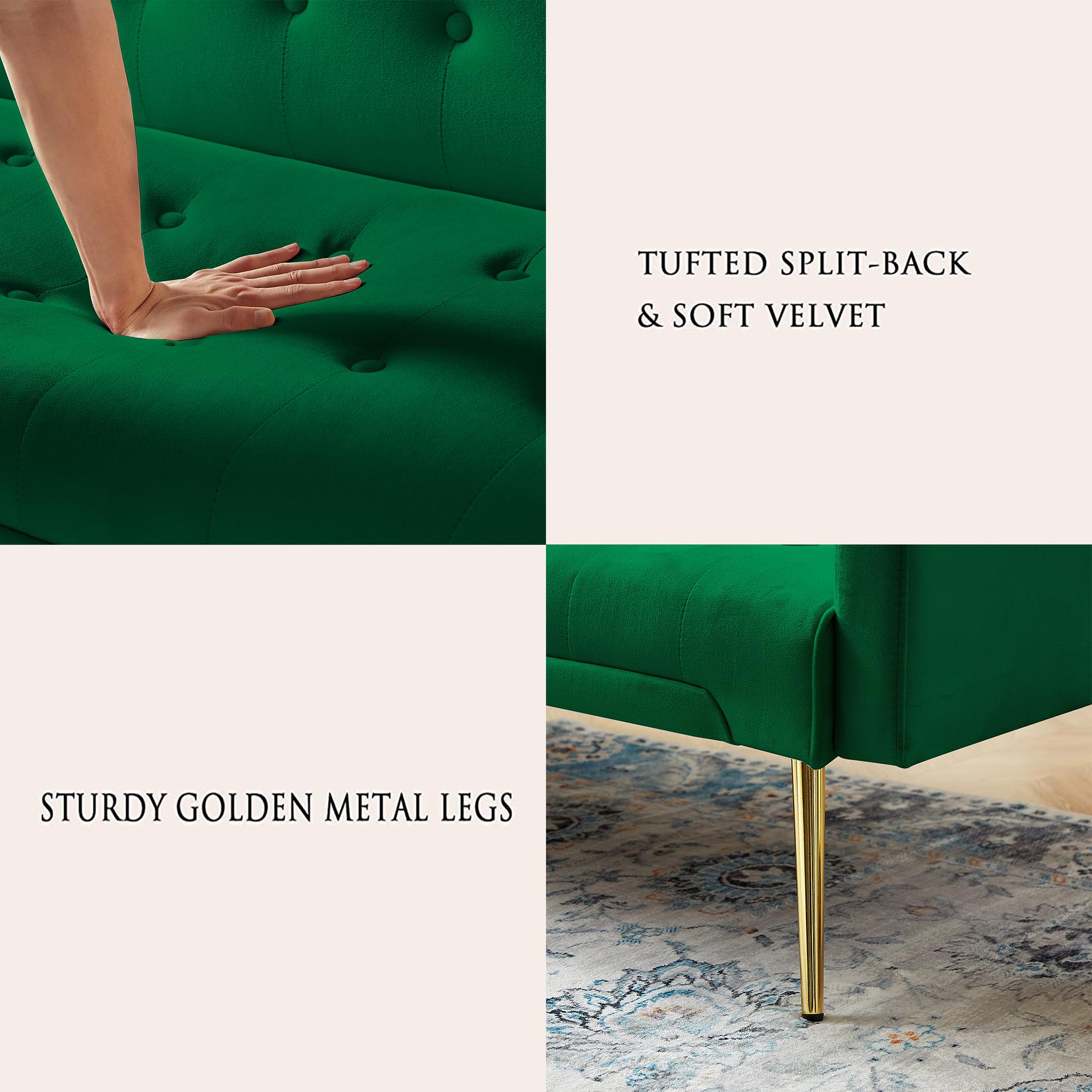 72"Modern Velvet Sofa Bed Futon,Convertible Folding Sleeper Bed Couches with 3 Adjustable Backrests,Tufted Recliner Love Seat with Golden Chrome Legs for Living Room Apartment Home Office (Green)