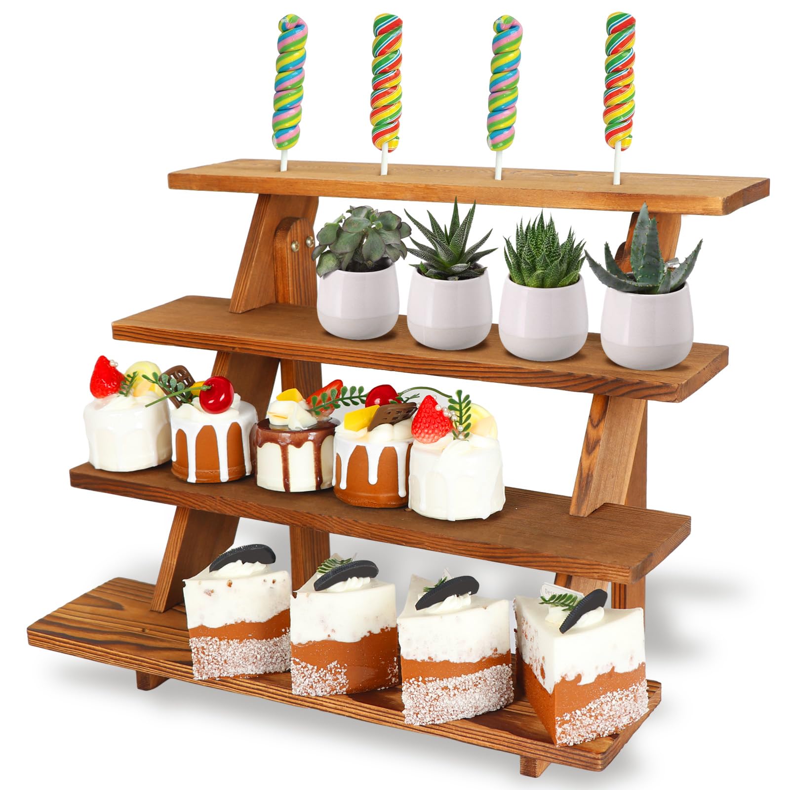 CYAOOI Wooden Cupcake Stand, 4 Tier Dessert Table Display Set Cake Pop Stand for 24 Cupcakes 16 Lollipop, Wood Rustic Display Stand Riser for Vendors Retail Figurine Craft Show Wedding Birthday Party