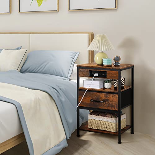 Nightstand with Charging Station Bed Side Table with Fabric Drawer 3-Tier End Table with USB Ports and Outlets Industrial Night Stand for Bedroom Living Room Vintage Brown