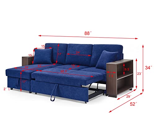 GODAFA L-Shaped 88'' Living Room Sectional Pulled Out Bed, 2 Seats Sofa and Reversible Chaise with Storage, MDF Shelf Armrest, Two Pillows, Navy Blue