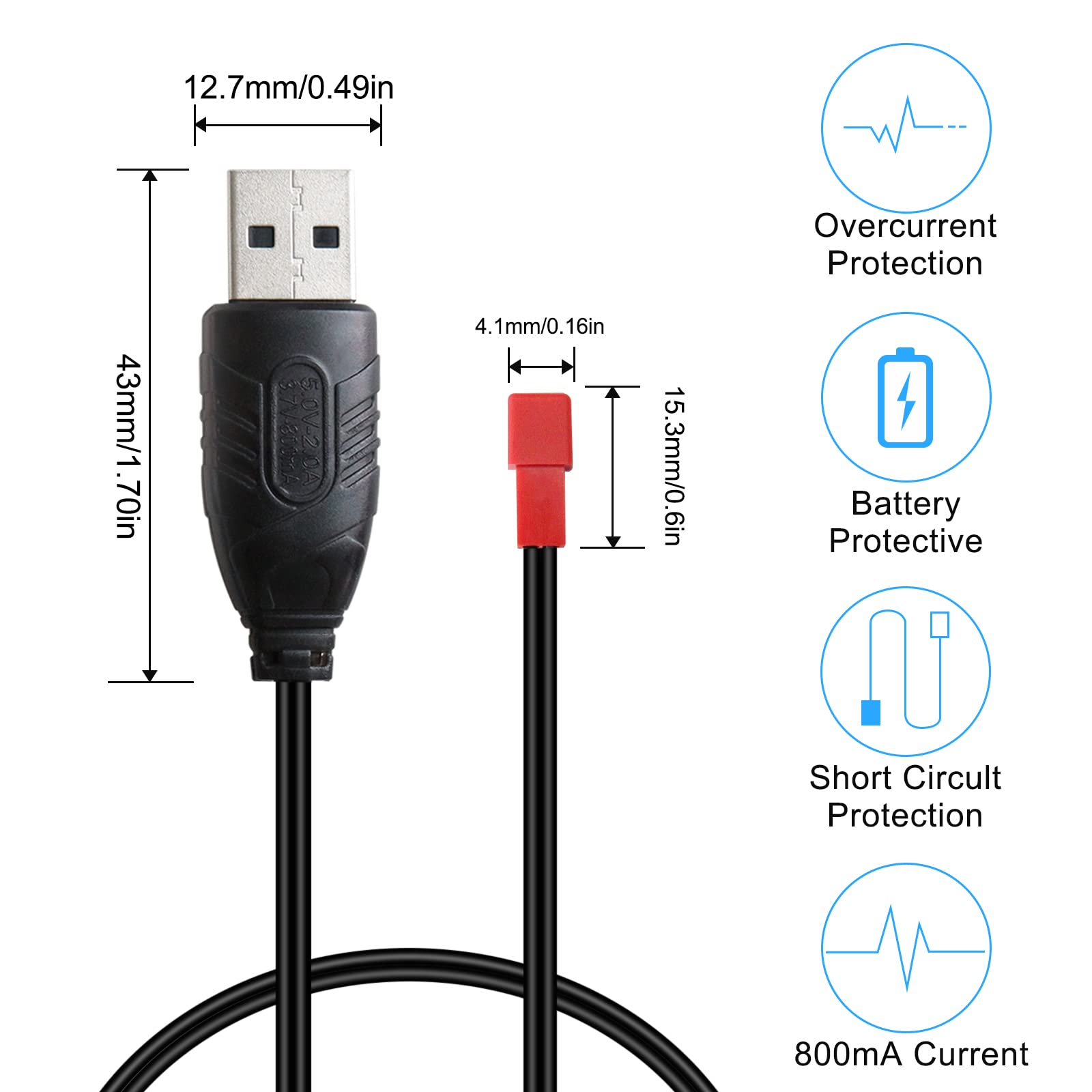 KBT 2-Pack JST-2P USB Charger Cable for 3.7V Li-ion RC Car Battery, 800mA Charging Speed Compatible for 3.7V RC Car Battery
