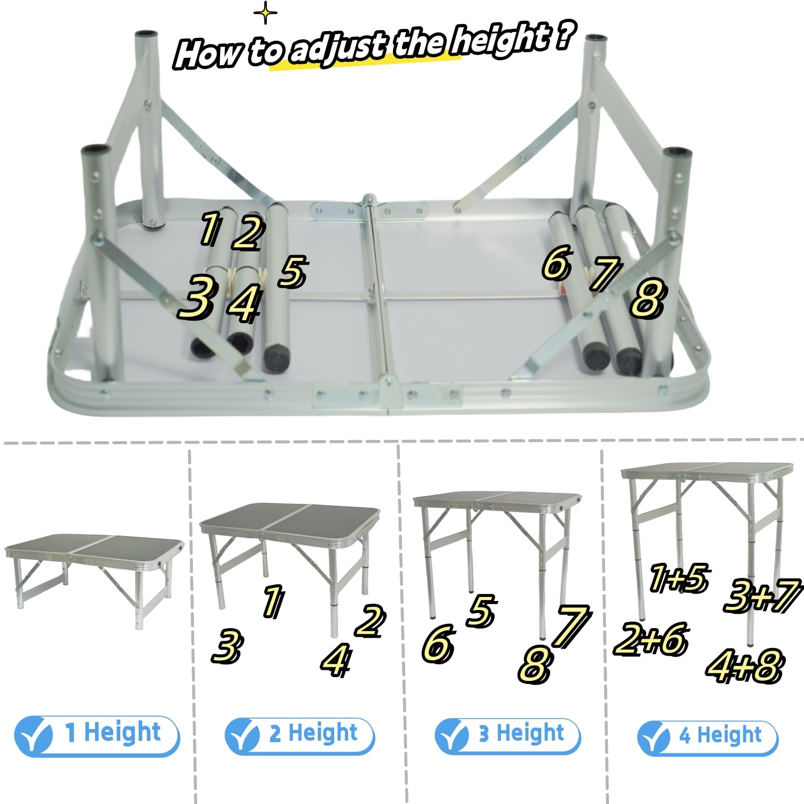 Moosinily Small Folding Table 2FT Foldable Camping Table Portable Picnic Table Metal 4 Height Adjustable Outdoor for Beach BBQ White 23.6×15.7 inch