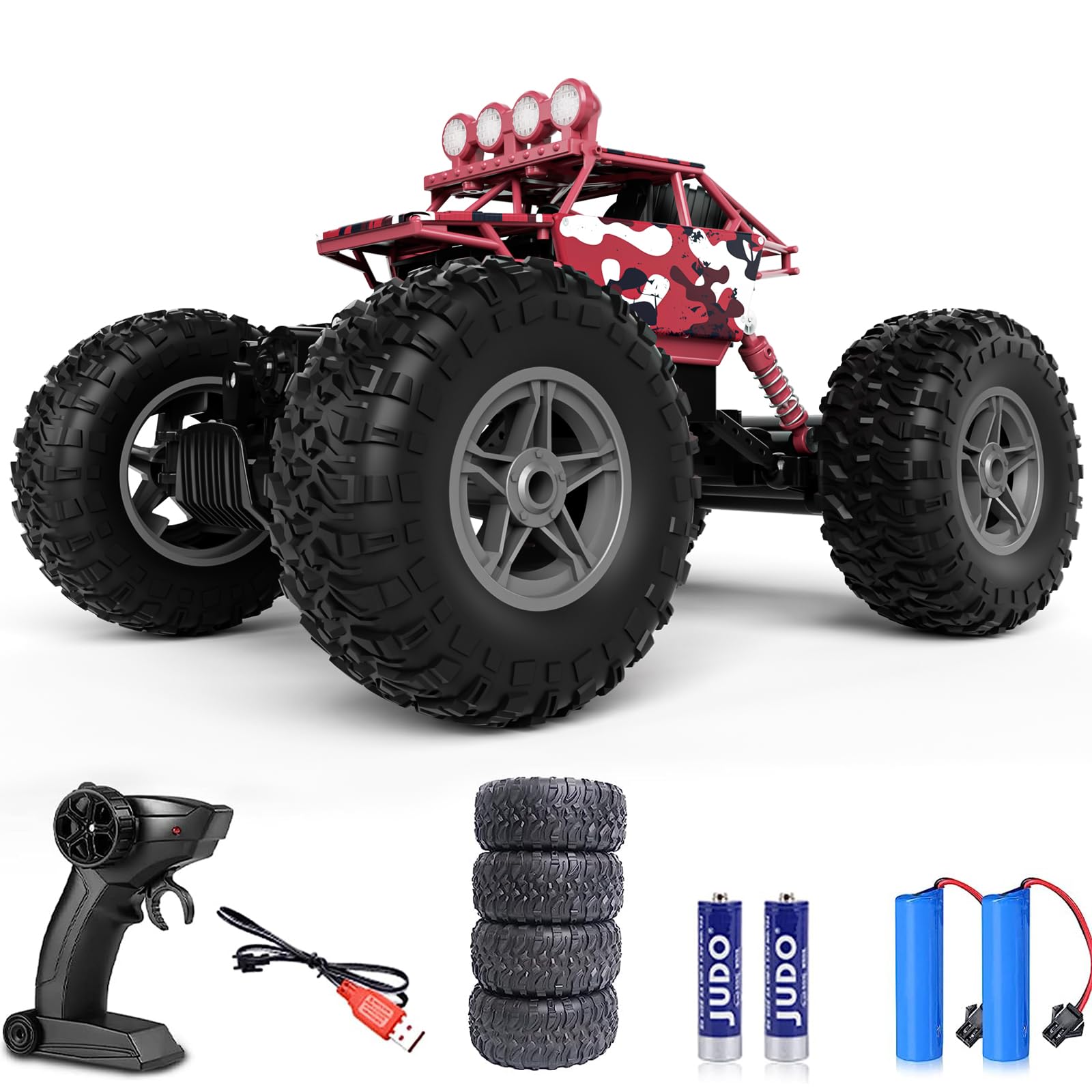 28℃ 1:14 Remote Control Truck for Adults and Kids - 4x4, 4WD Off Road Monster Truck with Metal Shell,Dual Motors,Waterproof Monster RC Truck (Red)