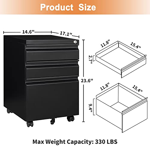 Letaya Mobile Metal File Cabinet,3 Drawer Vertical Under Desk Lockable Storage Office Cabinets,Organizer Letters/Legal/A4(Fully Assembled Except Casters)