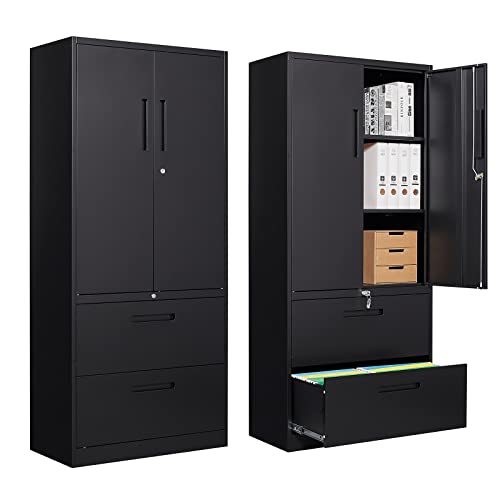 Anxxsu Metal File Cabinet 2 Drawers, Lateral File Cabinets Home Office, Storage Cabinet Adjustable Shelves, Locking File Cabinet Letter/Legal/A4 Size Files (Assemble Required) MSC-0815 Black-style B