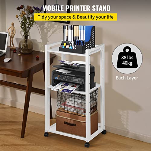VEVOR Printer Stand, 3-Tier Rolling Printer Cart, Adjustable Storage Shelf Rack on Lockable Wheels, 19.69x 13.78x 42 inch Printer Table for Home Office Small Spaces Organization, White