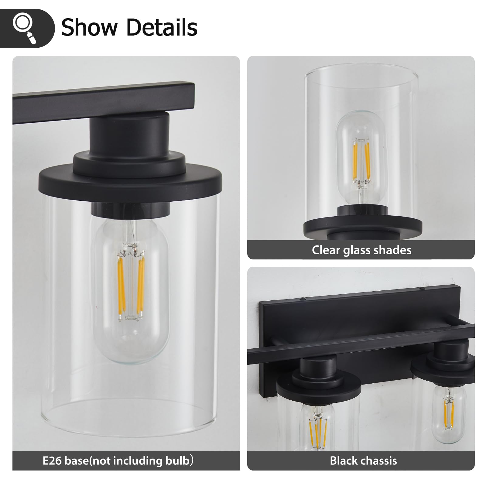 stambord 6 Light Matte Black Bathroom Vanity Light Fixtures with Clear Glass and Metal Base, Black Vanity Lights for Bathroom Over Mirror