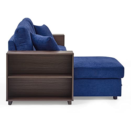 GODAFA L-Shaped 88'' Living Room Sectional Pulled Out Bed, 2 Seats Sofa and Reversible Chaise with Storage, MDF Shelf Armrest, Two Pillows, Navy Blue
