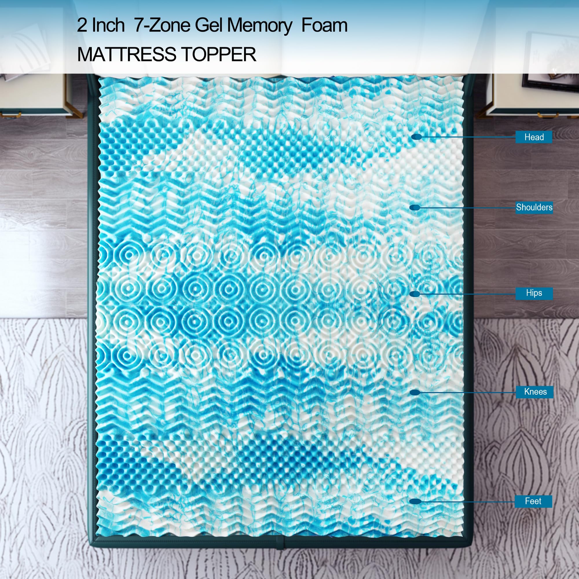 Askme 2 Inch 7-Zone Queen Memory Foam Mattress Topper, Cooling Gel Foam Mattress Topper for Pressure Relief,Bed Topper in a Box CertiPUR-US Certified, Queen Size
