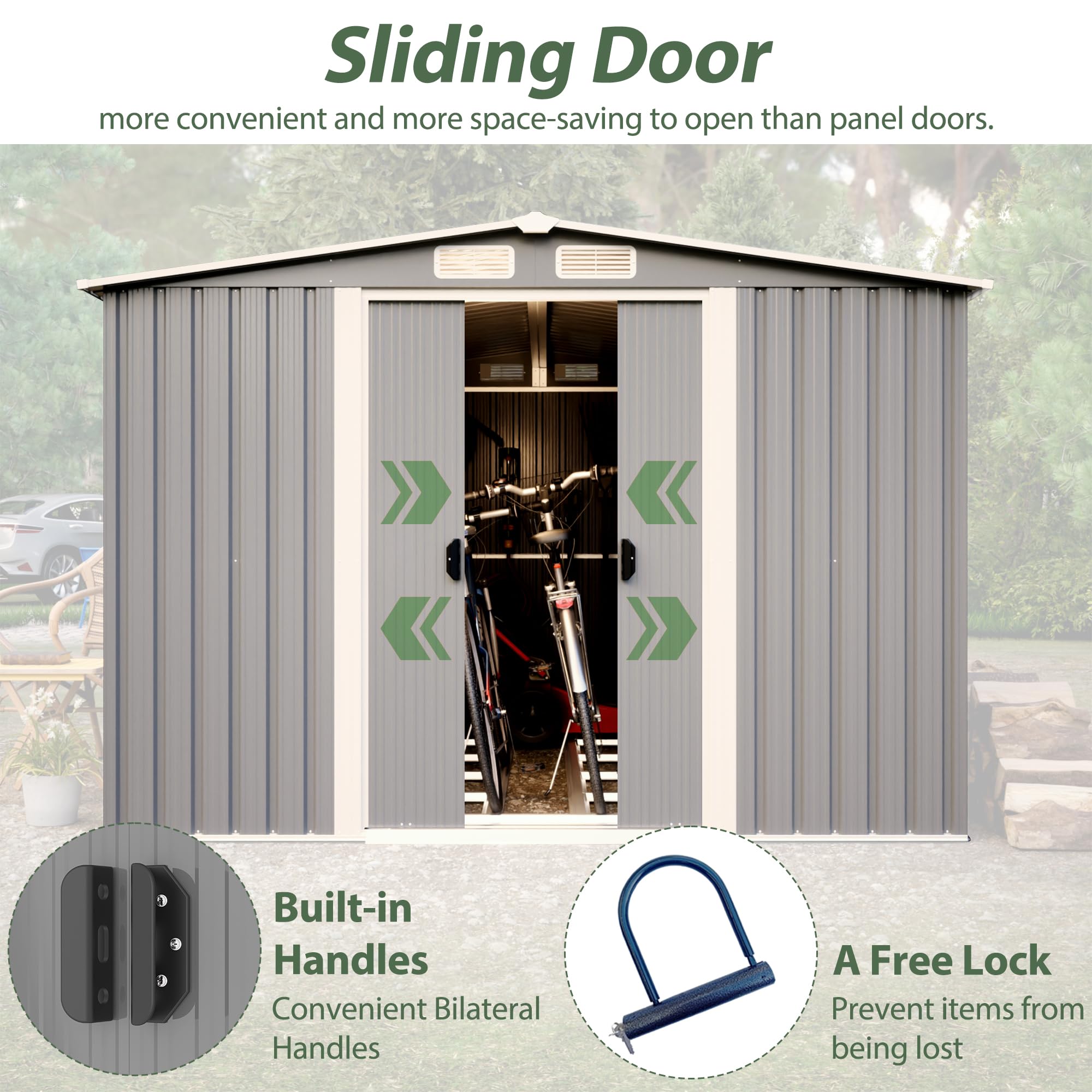 EMKK 10x8 FT Outdoor Storage Shed, Galvanized Steel Metal Garden Shed with Double Sliding Lockable Door, Floor Frame, Vents, Waterproof Tool Shed for Backyard, Lawn, Patio, Teak