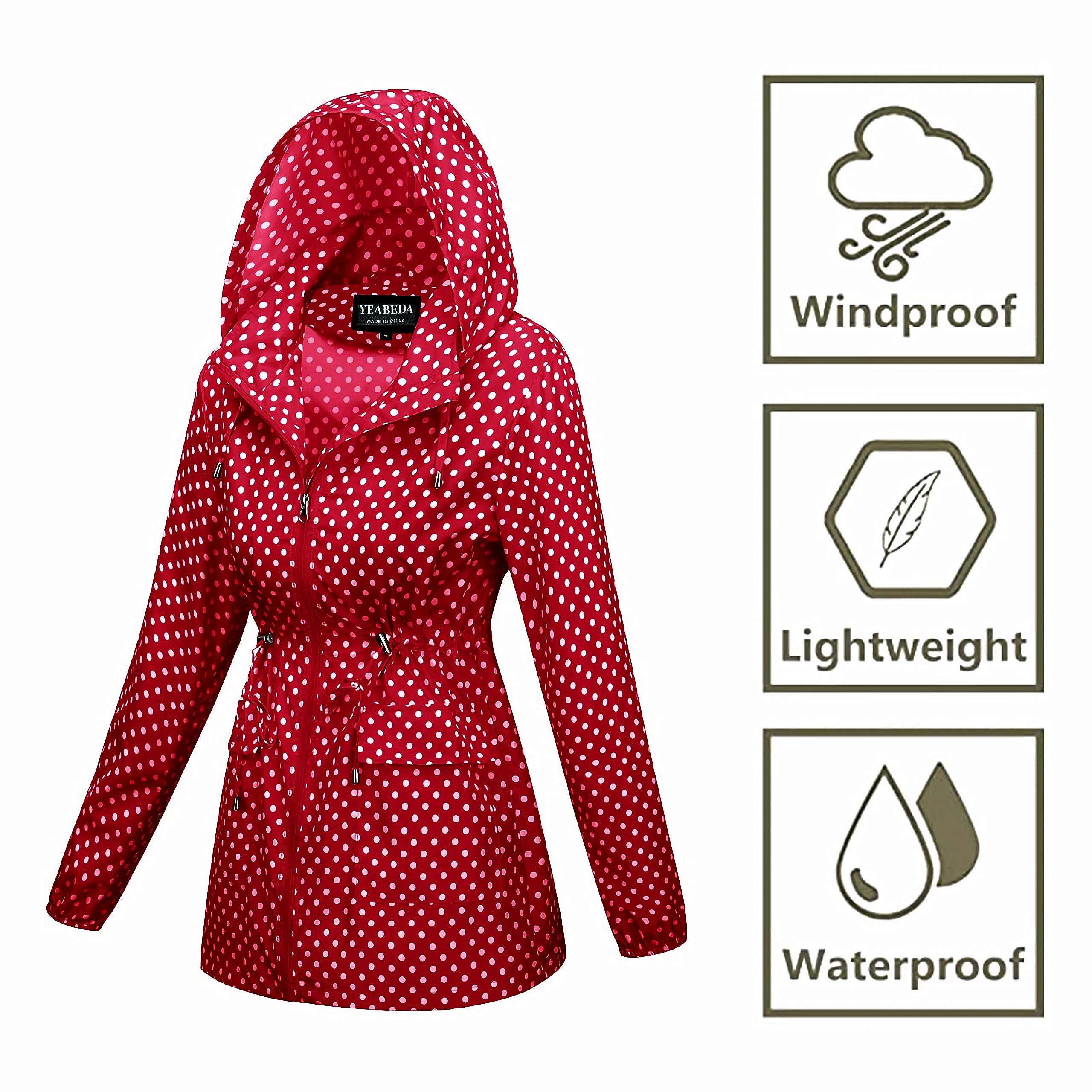 YEABEDA Women-Rain Jacket-Hood Waterproof-Lightweight Windbreak-Packable — Cute RainCoats Travel Polka Dot Ladies With Pouch (XX-Large, Red)