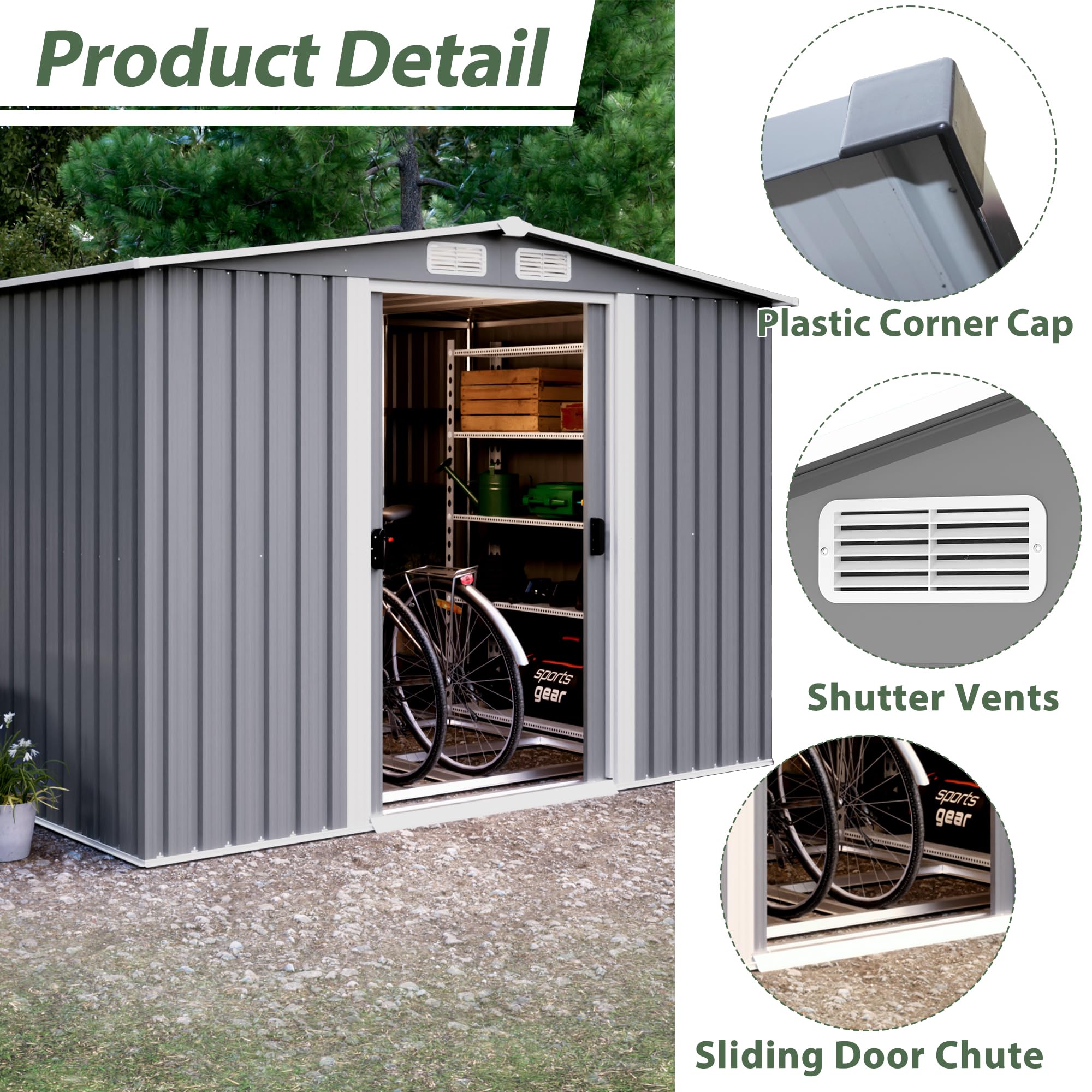EMKK 10x8 FT Outdoor Storage Shed, Galvanized Steel Metal Garden Shed with Double Sliding Lockable Door, Floor Frame, Vents, Waterproof Tool Shed for Backyard, Lawn, Patio, Teak