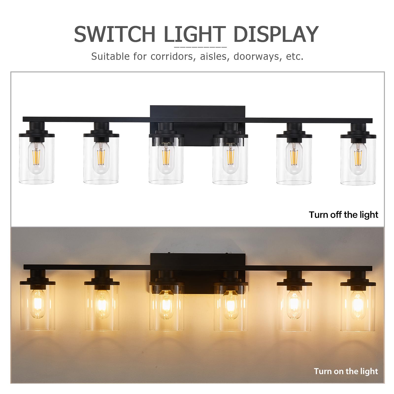 stambord 6 Light Matte Black Bathroom Vanity Light Fixtures with Clear Glass and Metal Base, Black Vanity Lights for Bathroom Over Mirror