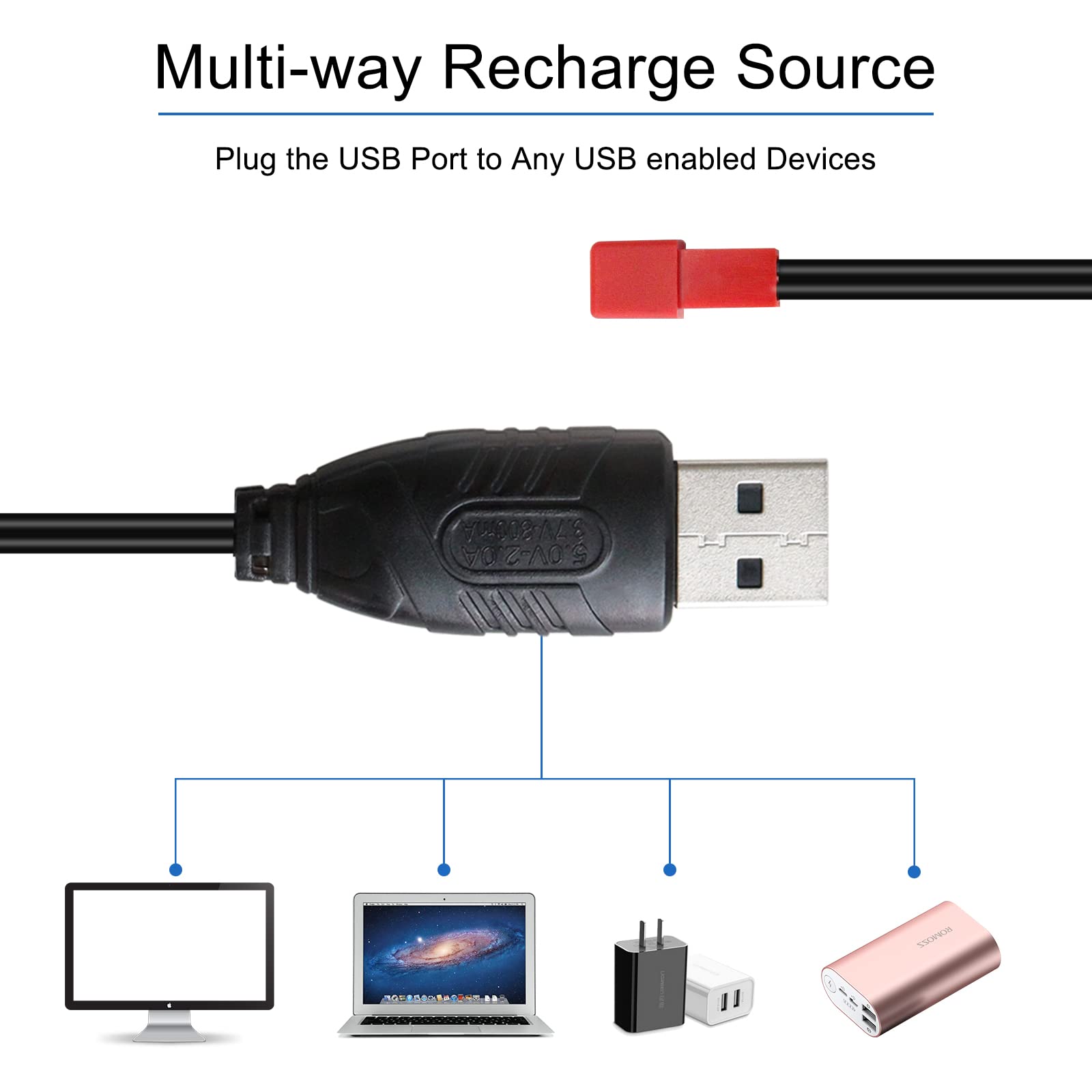 KBT 2-Pack JST-2P USB Charger Cable for 3.7V Li-ion RC Car Battery, 800mA Charging Speed Compatible for 3.7V RC Car Battery
