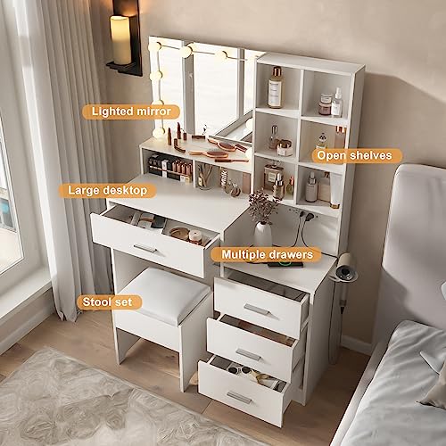 Vabches White Vanity Desk with Mirror and Lights, Makeup Vanity Table with Charging Station, 3 Lighting Modes Brightness Adjustable, 4 Drawers, 8 Shelves, Vanity Set, 38.7in(L)