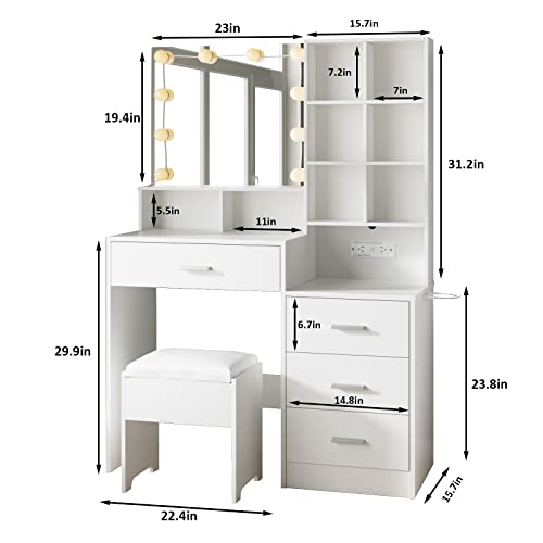 Vabches White Vanity Desk with Mirror and Lights, Makeup Vanity Table with Charging Station, 3 Lighting Modes Brightness Adjustable, 4 Drawers, 8 Shelves, Vanity Set, 38.7in(L)