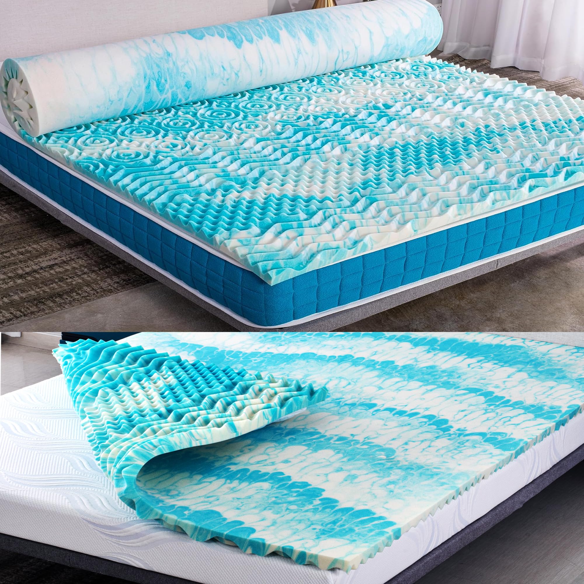 Askme 2 Inch 7-Zone Queen Memory Foam Mattress Topper, Cooling Gel Foam Mattress Topper for Pressure Relief,Bed Topper in a Box CertiPUR-US Certified, Queen Size