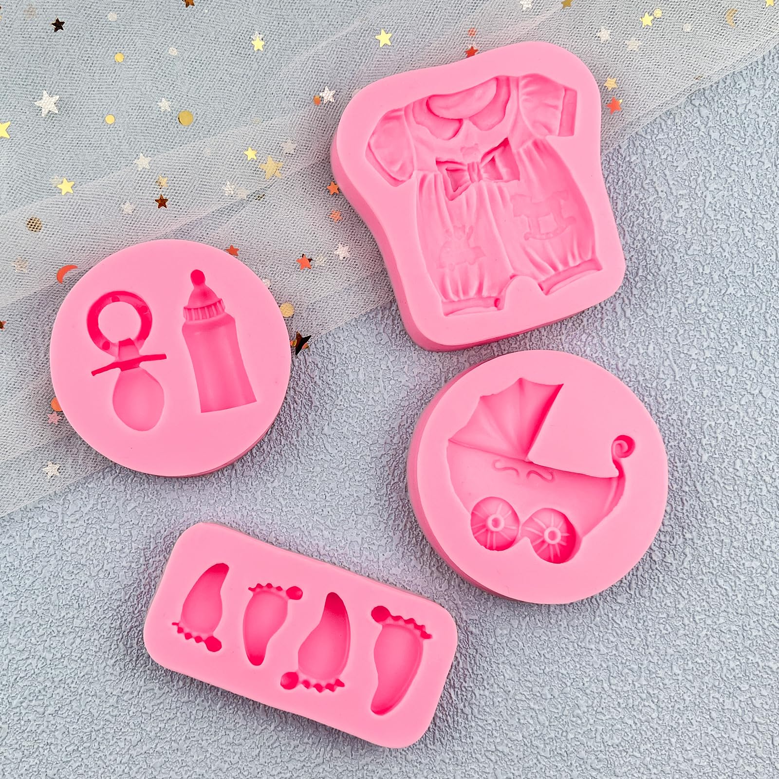 Baby Showers Fondant Molds 4 Pcs, Bottle Stroller Skirt Chocolate Cake Decoration Silicone Mold for DIY Candy Sugar Craft, Cookies, Marzipan, Flower Paste, Dough, Resin, Clay