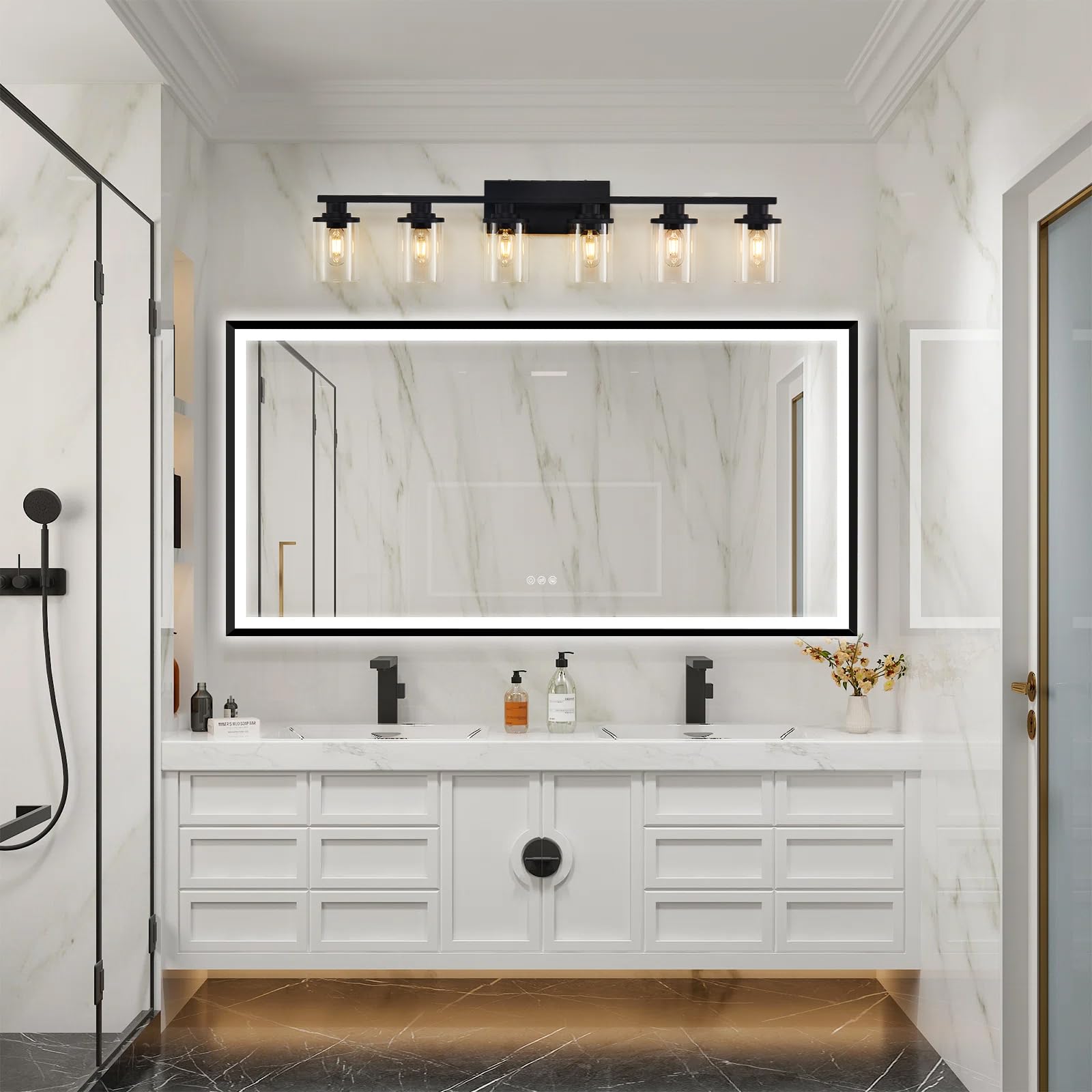 stambord 6 Light Matte Black Bathroom Vanity Light Fixtures with Clear Glass and Metal Base, Black Vanity Lights for Bathroom Over Mirror