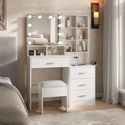 Vabches White Vanity Desk with Mirror and Lights, Makeup Vanity Table with Charging Station, 3 Lighting Modes Brightness Adjustable, 4 Drawers, 8 Shelves, Vanity Set, 38.7in(L)