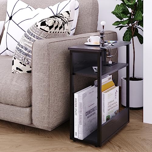 GGWEW Narrow Side Table with Charging Station, 3 Tier Slim End Table for Small Spaces, 23.6 Inch Height Thin Tables with Storage Shelf and Magazine Rack for Living Room, Black