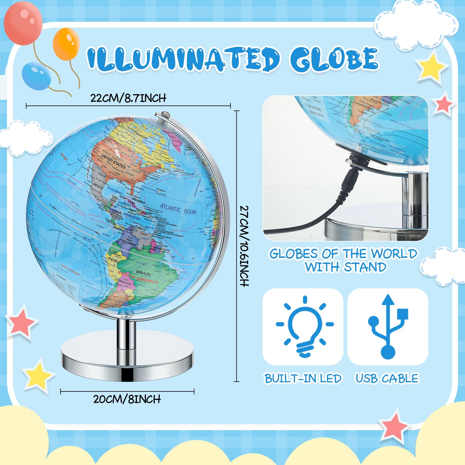 2 Pcs 8.7'' Illuminated World Globe with Stand, World Globe for Kids Learning with Build in Led Night Light, Educational Interactive Globe Lamp Light up Geographic Globes for Home Desk Classroom