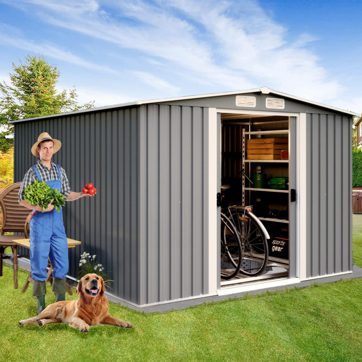 EMKK 10x8 FT Outdoor Storage Shed, Galvanized Steel Metal Garden Shed with Double Sliding Lockable Door, Floor Frame, Vents, Waterproof Tool Shed for Backyard, Lawn, Patio, Teak
