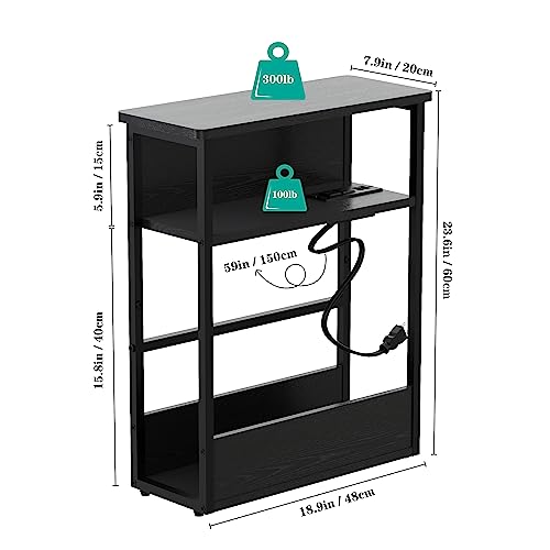 GGWEW Narrow Side Table with Charging Station, 3 Tier Slim End Table for Small Spaces, 23.6 Inch Height Thin Tables with Storage Shelf and Magazine Rack for Living Room, Black