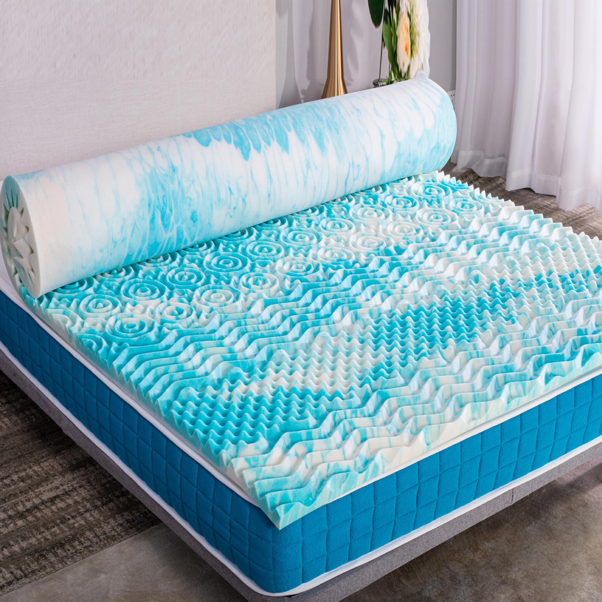 Askme 2 Inch 7-Zone Queen Memory Foam Mattress Topper, Cooling Gel Foam Mattress Topper for Pressure Relief,Bed Topper in a Box CertiPUR-US Certified, Queen Size