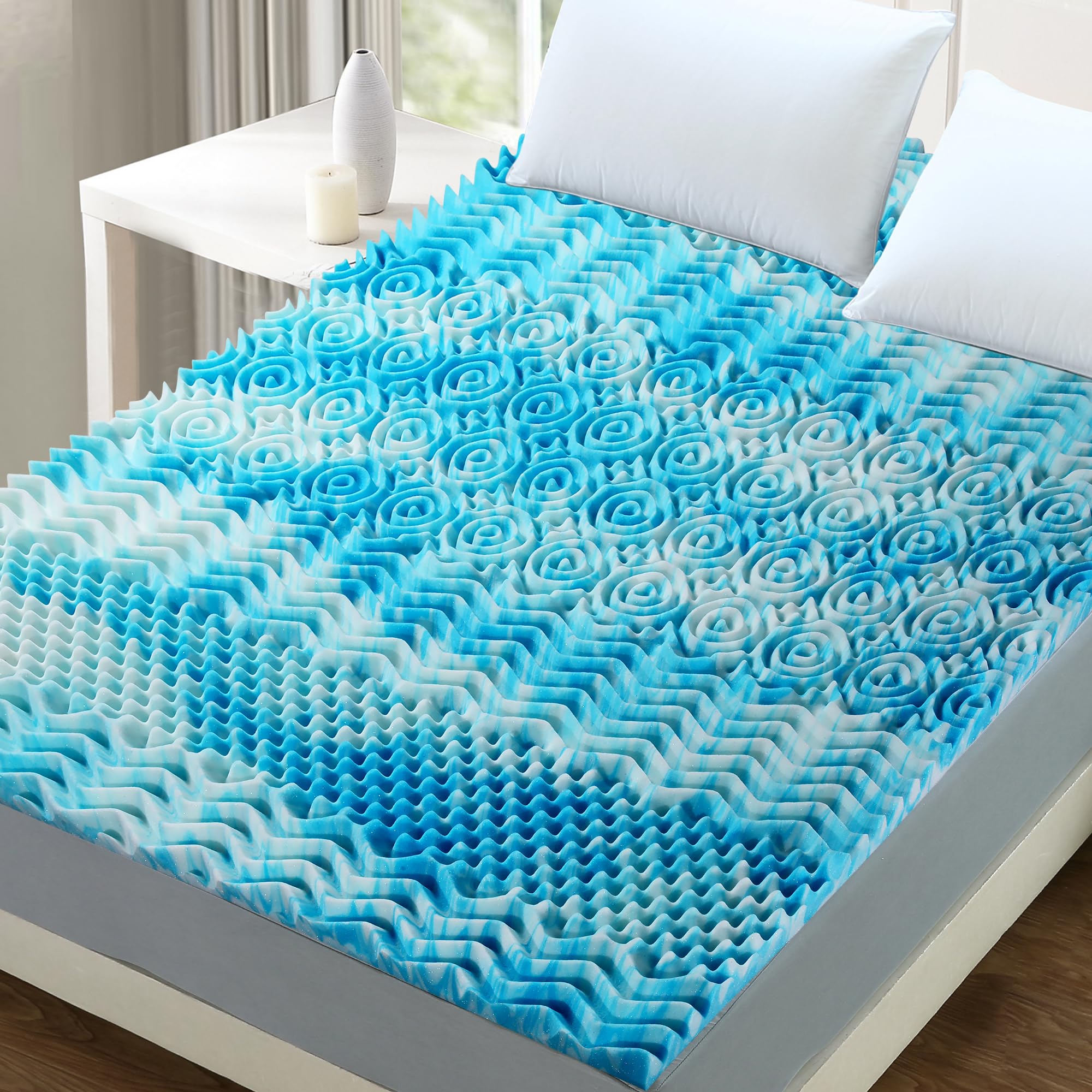 Askme 2 Inch 7-Zone Queen Memory Foam Mattress Topper, Cooling Gel Foam Mattress Topper for Pressure Relief,Bed Topper in a Box CertiPUR-US Certified, Queen Size