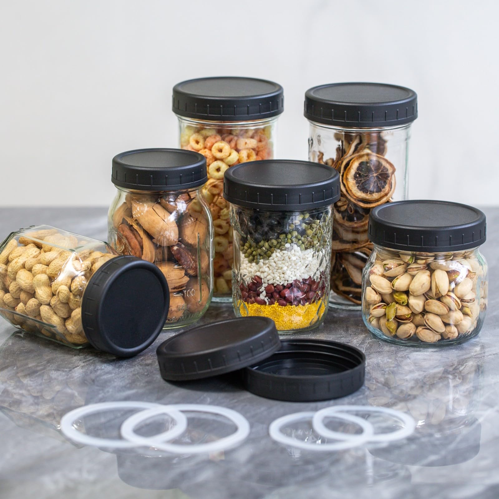 Jumterlee 9 Pack Black Regular Mouth Mason Jar Lids with Silicone Rings, Plastic Mason Jar Lids,Plastic Canning Lids, Fit Ball,Kerr and More (black)