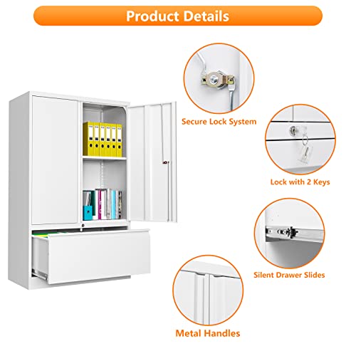 LISSIMO File Cabinets,Filing Cabinet with Lock for Home Office,Lateral File Cabinet with Doors and Drawers for Hanging Files Letter/Legal/A4 Size Files(White)