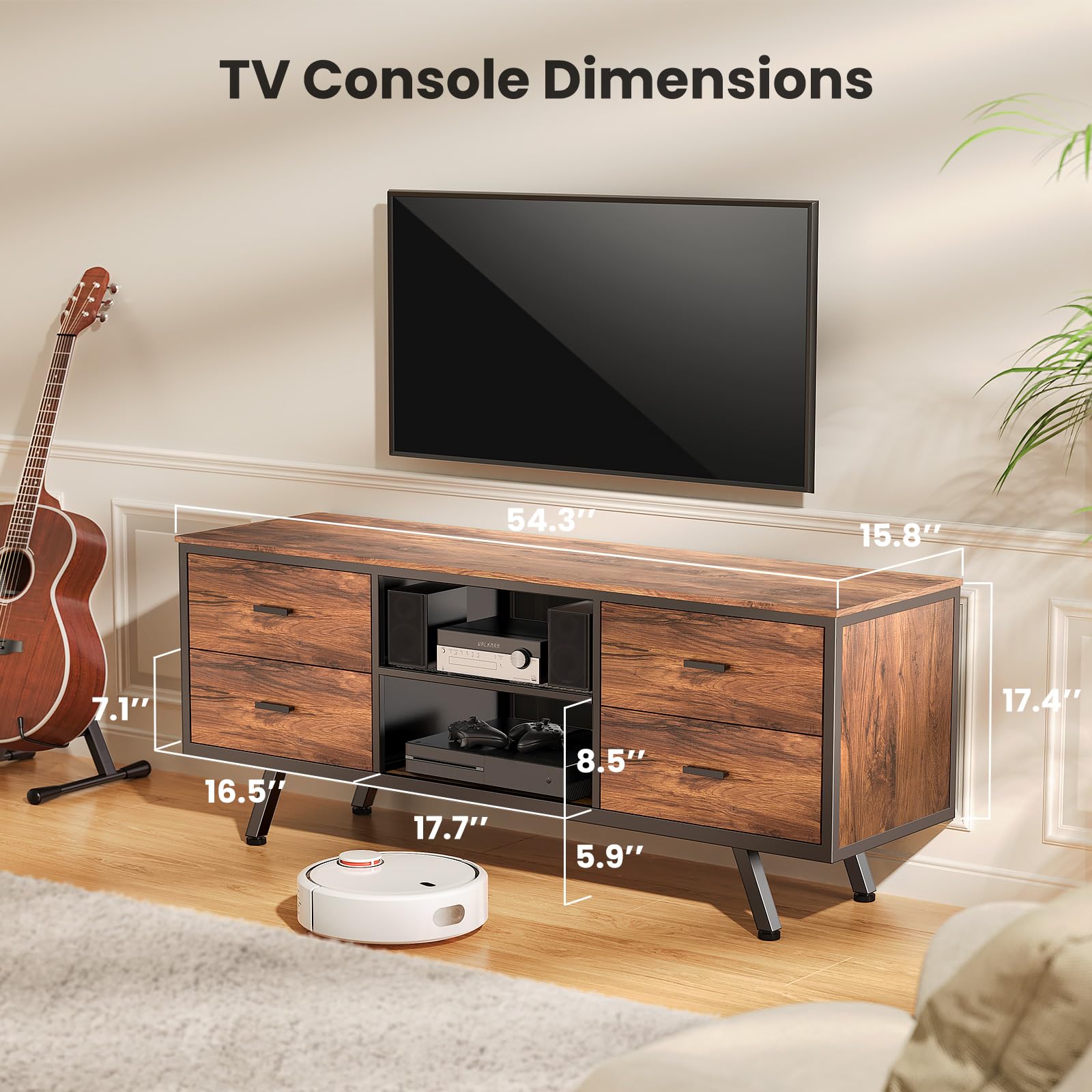 Pipishell TV Console Table for up to 65″ TVs, Retro TV Stand with Metal Frame & Fabric Drawers up to 150 lbs, Entertainment Center TV Console for Living Room & Bedroom Organization, PIRTS06WN
