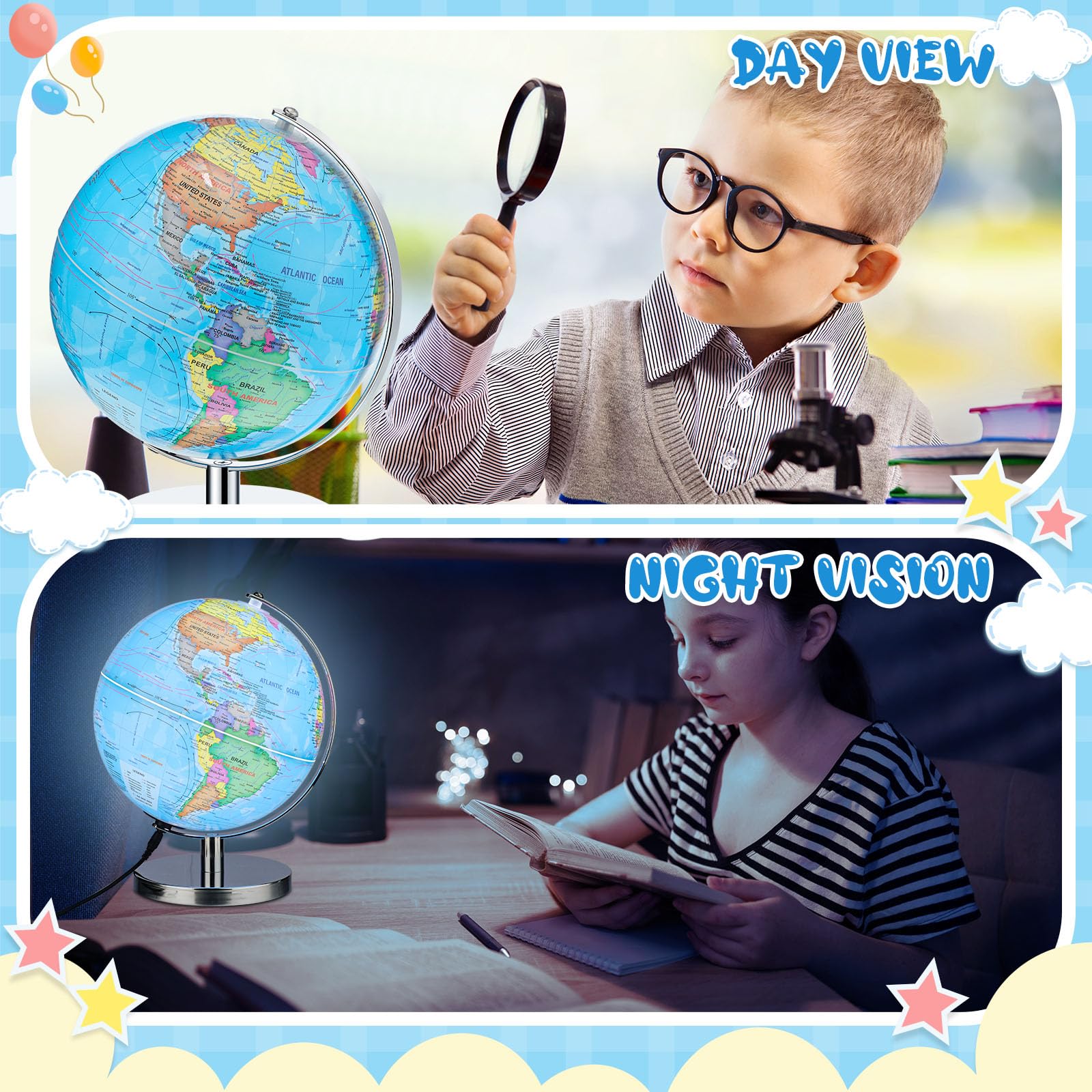 2 Pcs 8.7'' Illuminated World Globe with Stand, World Globe for Kids Learning with Build in Led Night Light, Educational Interactive Globe Lamp Light up Geographic Globes for Home Desk Classroom
