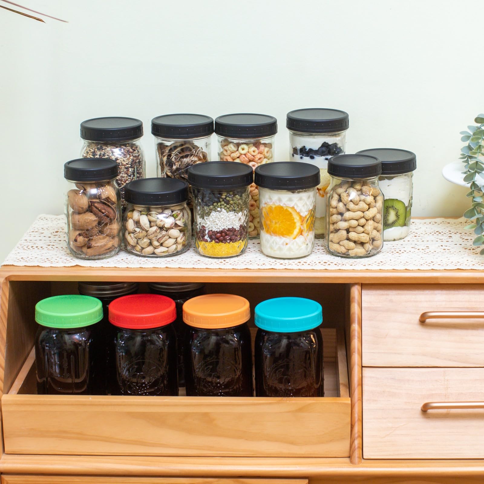 Jumterlee 9 Pack Black Regular Mouth Mason Jar Lids with Silicone Rings, Plastic Mason Jar Lids,Plastic Canning Lids, Fit Ball,Kerr and More (black)