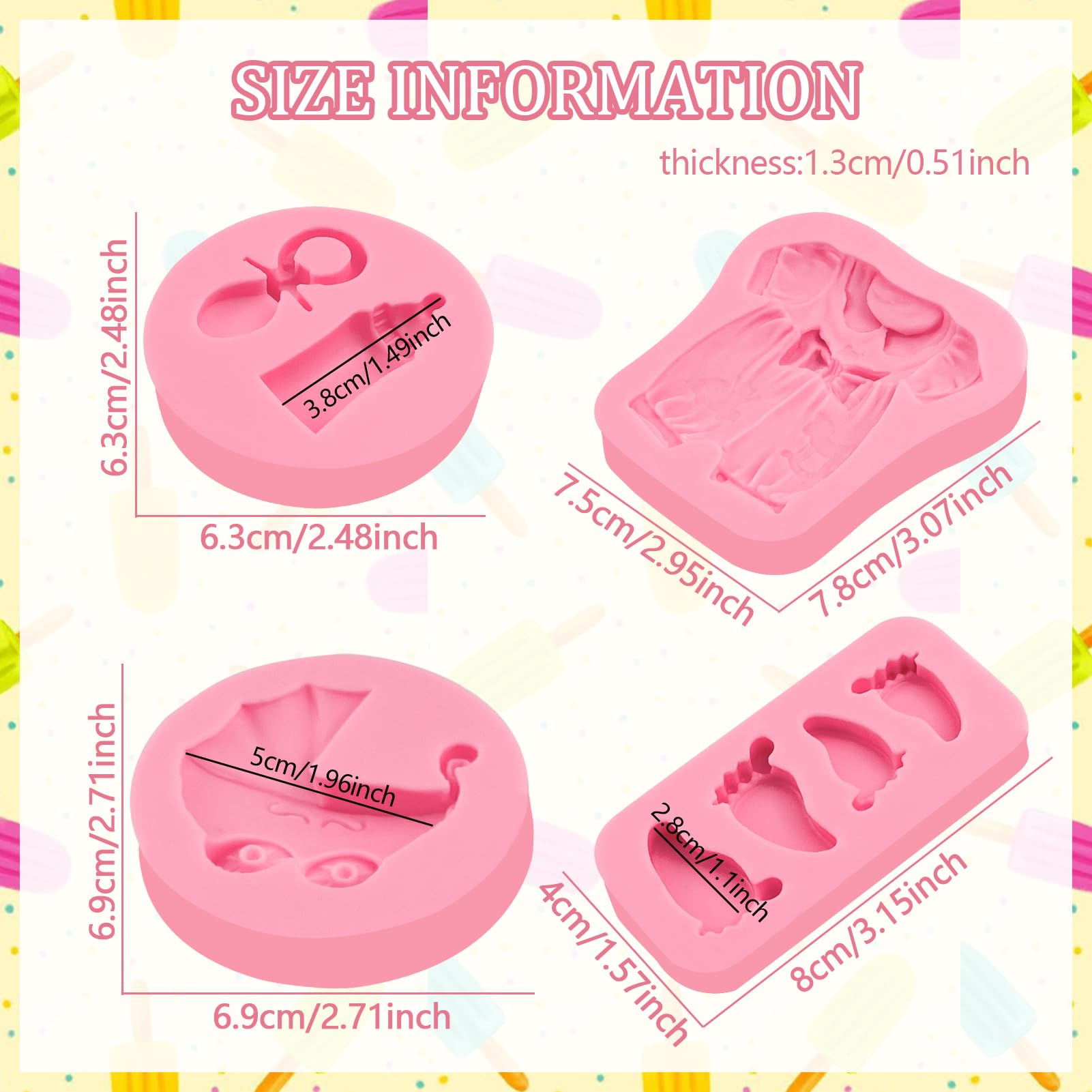 Baby Showers Fondant Molds 4 Pcs, Bottle Stroller Skirt Chocolate Cake Decoration Silicone Mold for DIY Candy Sugar Craft, Cookies, Marzipan, Flower Paste, Dough, Resin, Clay