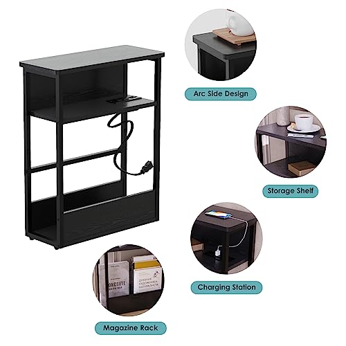 GGWEW Narrow Side Table with Charging Station, 3 Tier Slim End Table for Small Spaces, 23.6 Inch Height Thin Tables with Storage Shelf and Magazine Rack for Living Room, Black